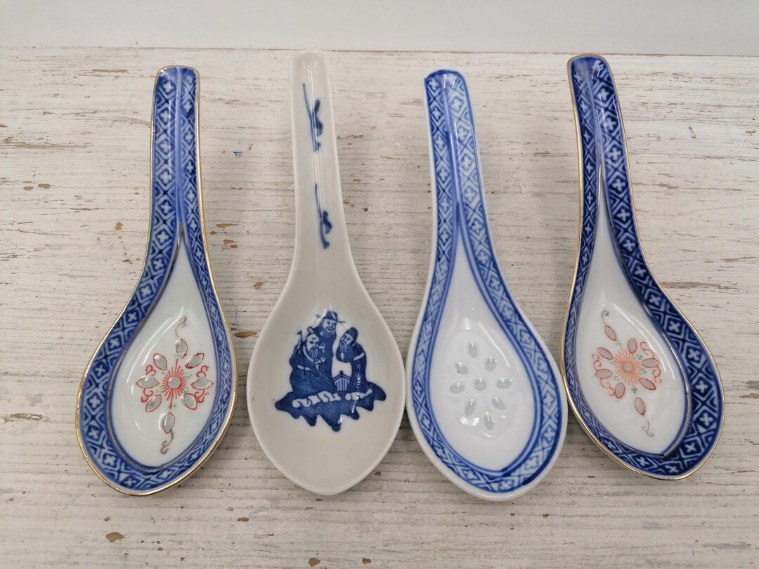 Set of 4 Vintage Porcelain Soup Spoons, Hand Painted Noodle Rice Spoons ...