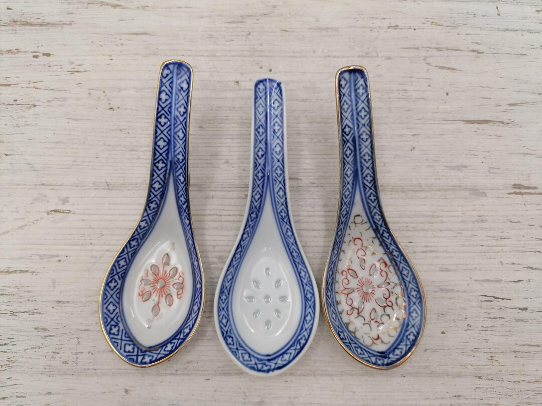 Set of 3 Vintage Porcelain Soup Spoons, Hand Painted Noodle Rice Spoons ...