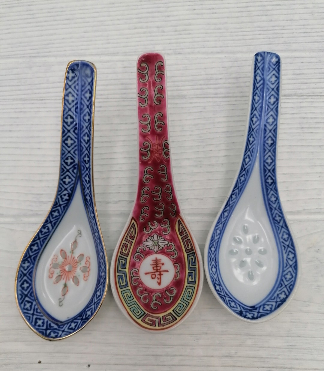 Set of 3 Porcelain Soup Spoons, Hand Painted Noodle Rice Spoons, Blue ...