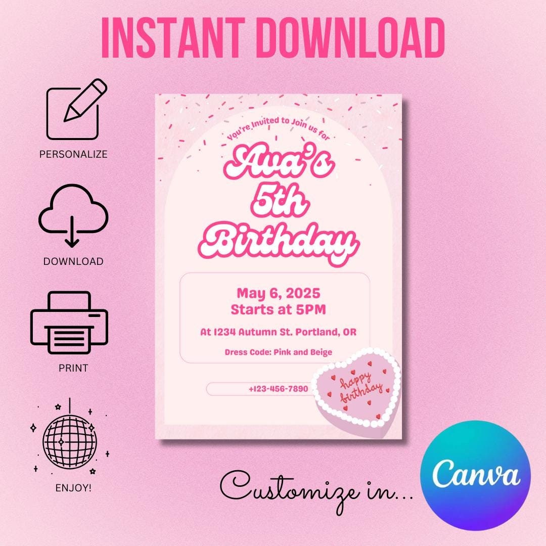 Editable Pink Girly Invitation Template, Pink Birthday Party, Kids ...