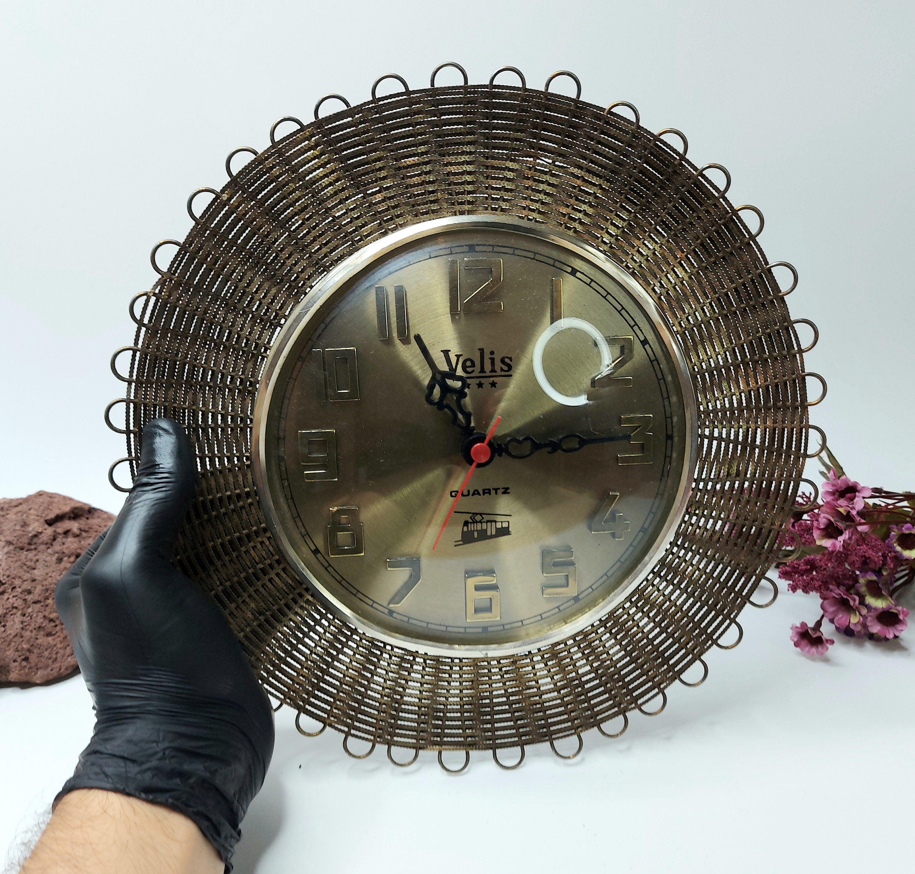 Retro Wall Clock Gold Tone Metal Frame & Glass Covered Velis Watch ...