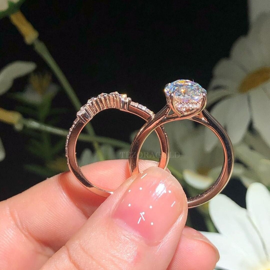 Antique Oval Cut Moissanite Solitaire Ring, U Shape Half Eternity ...