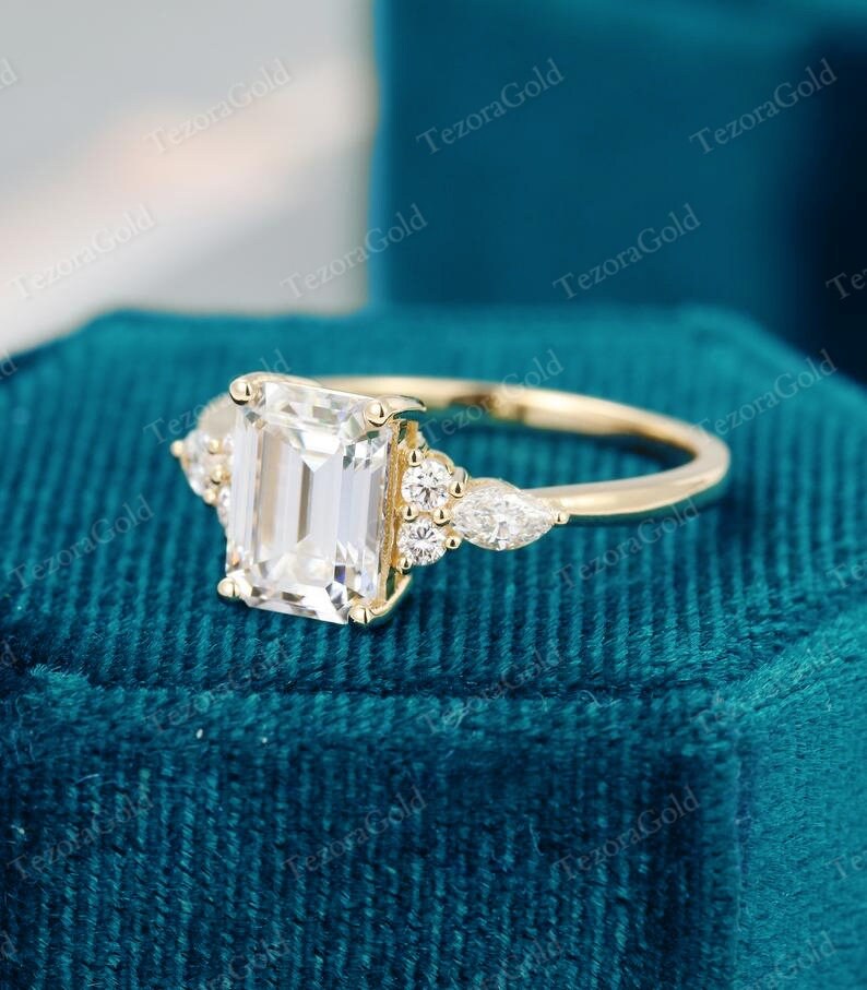Emerald Cut Moissanite Engagement Ring Unique Diamond Cluster - Etsy