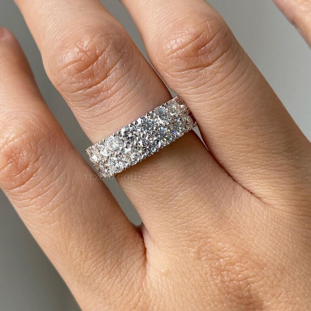 Double Row Diamond Wedding Band, 14K White Gold Full Eternity Band ...