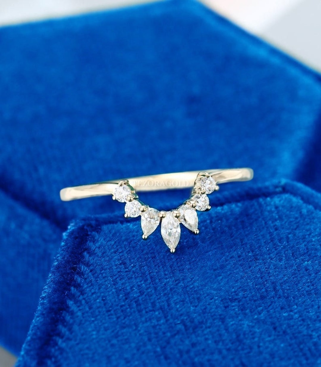 Vintage Curved Wedding Band, U Shaped Diamond Ring, 14K 7 Diamond Crown ...