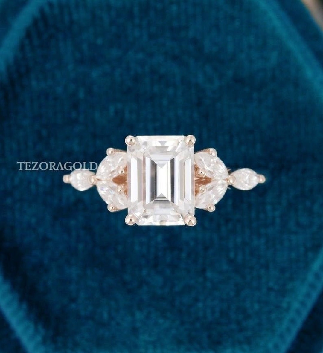 Emerald Cut Moissanite Engagement Ring 14K Rose Gold Unique - Etsy