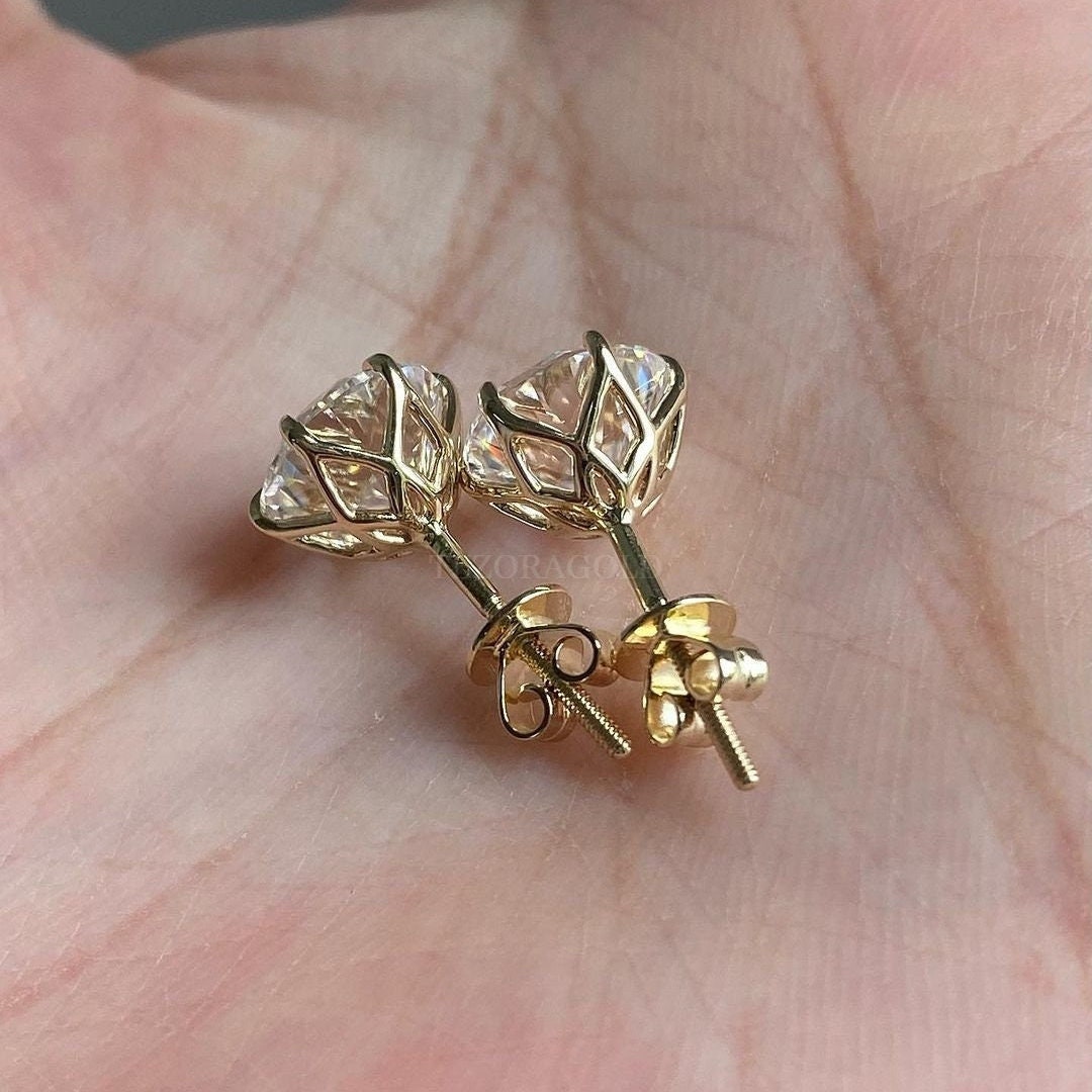 Antique Tulip Set Round Cut Moissanite Stud Earrings, 10K Yellow Gold ...