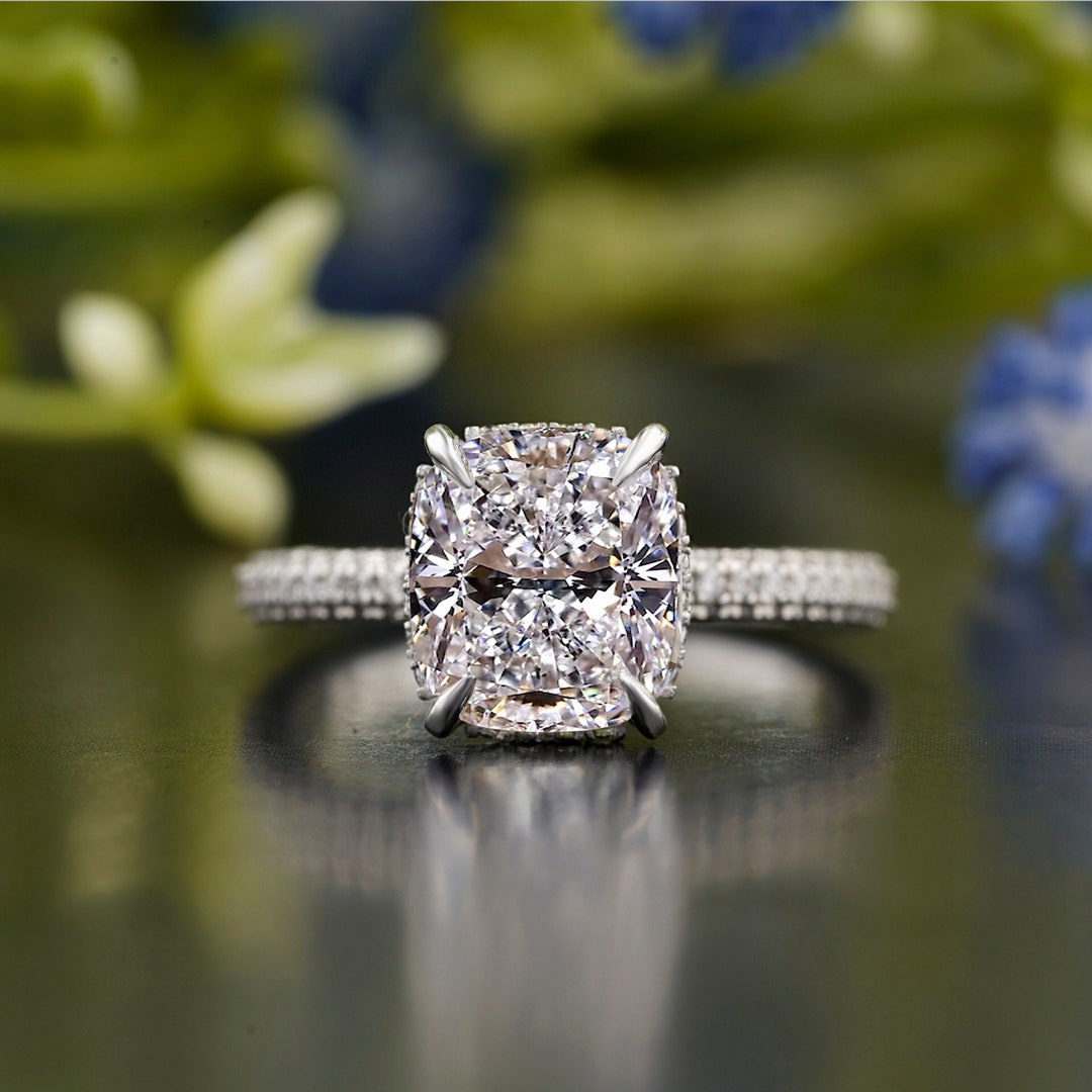 Crushed Ice Cushion Cut Moissanite Engagement Ring, Hidden Halo Set ...