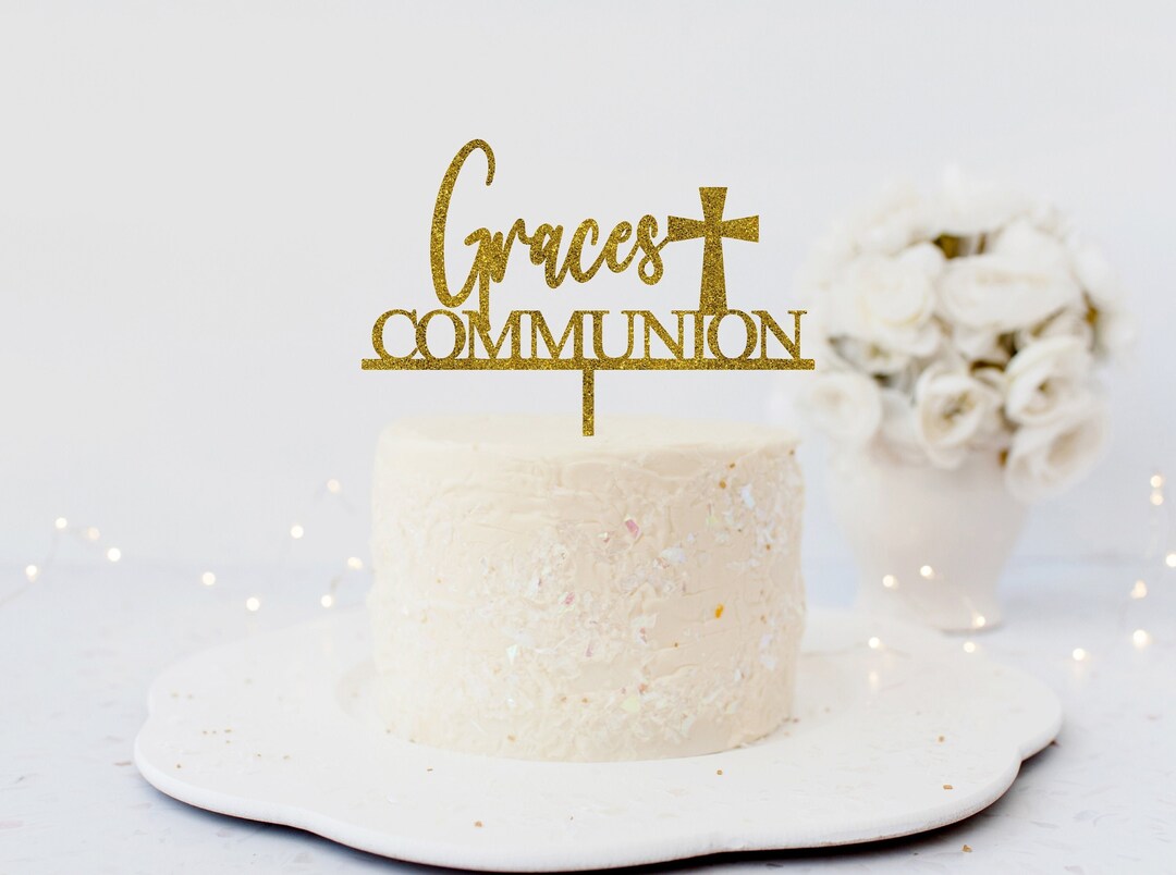 First Holy Communion Day Personalised Cake Topper, White, Gold, Glitter ...