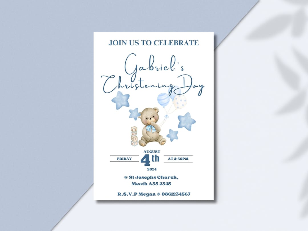 Baptism Christening Day Invitation, Cute Bear Invite, Dedication, Baby ...