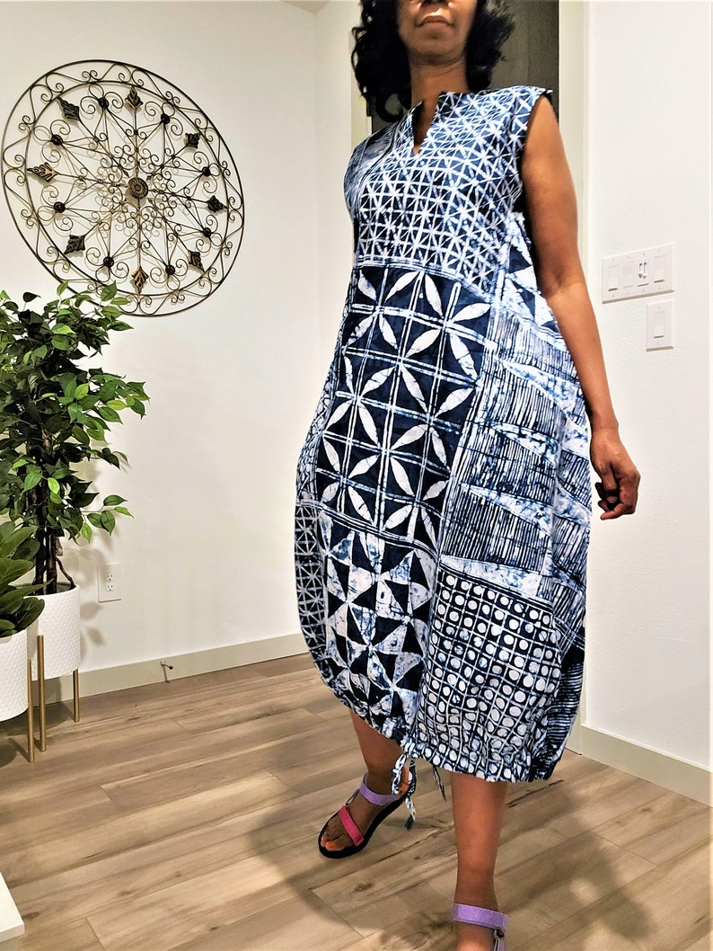 Blue and White Adire Eleko Dress. Boho Draw-string Dress. Ankle Length ...