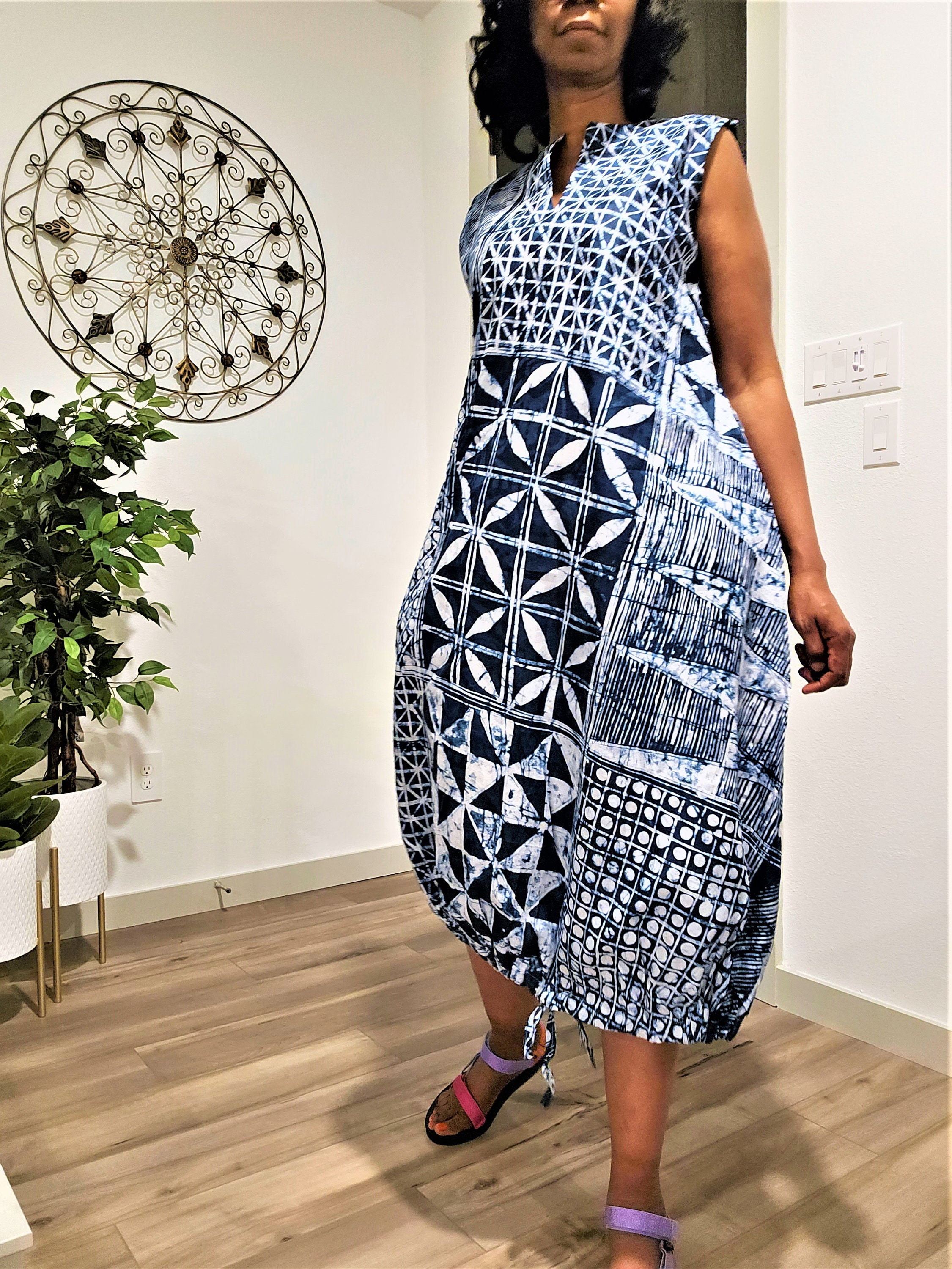 Blue and White Adire Eleko Dress. Boho Draw-string Dress. Ankle Length ...