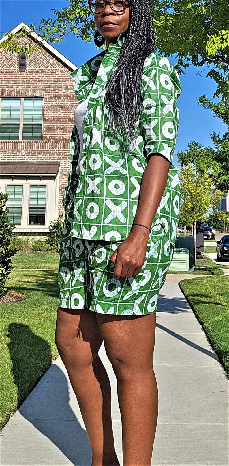 Cotton Short Co-ord Set. Adire Shorts and Shirt. Batik Top and Shorts. Green Set. Red Summer Co ...