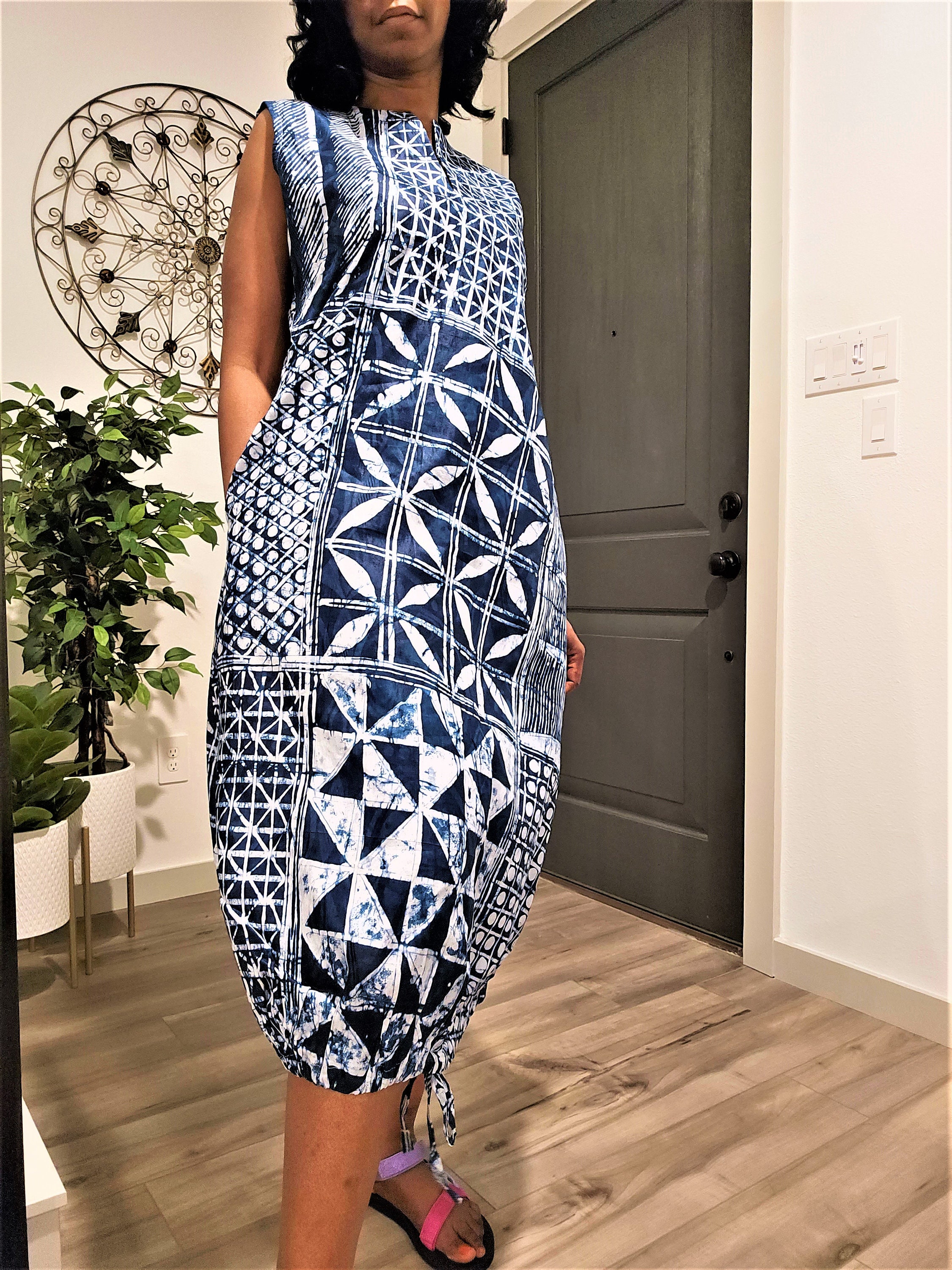 Blue and White Adire Eleko Dress. Boho Draw-string Dress. Ankle Length ...