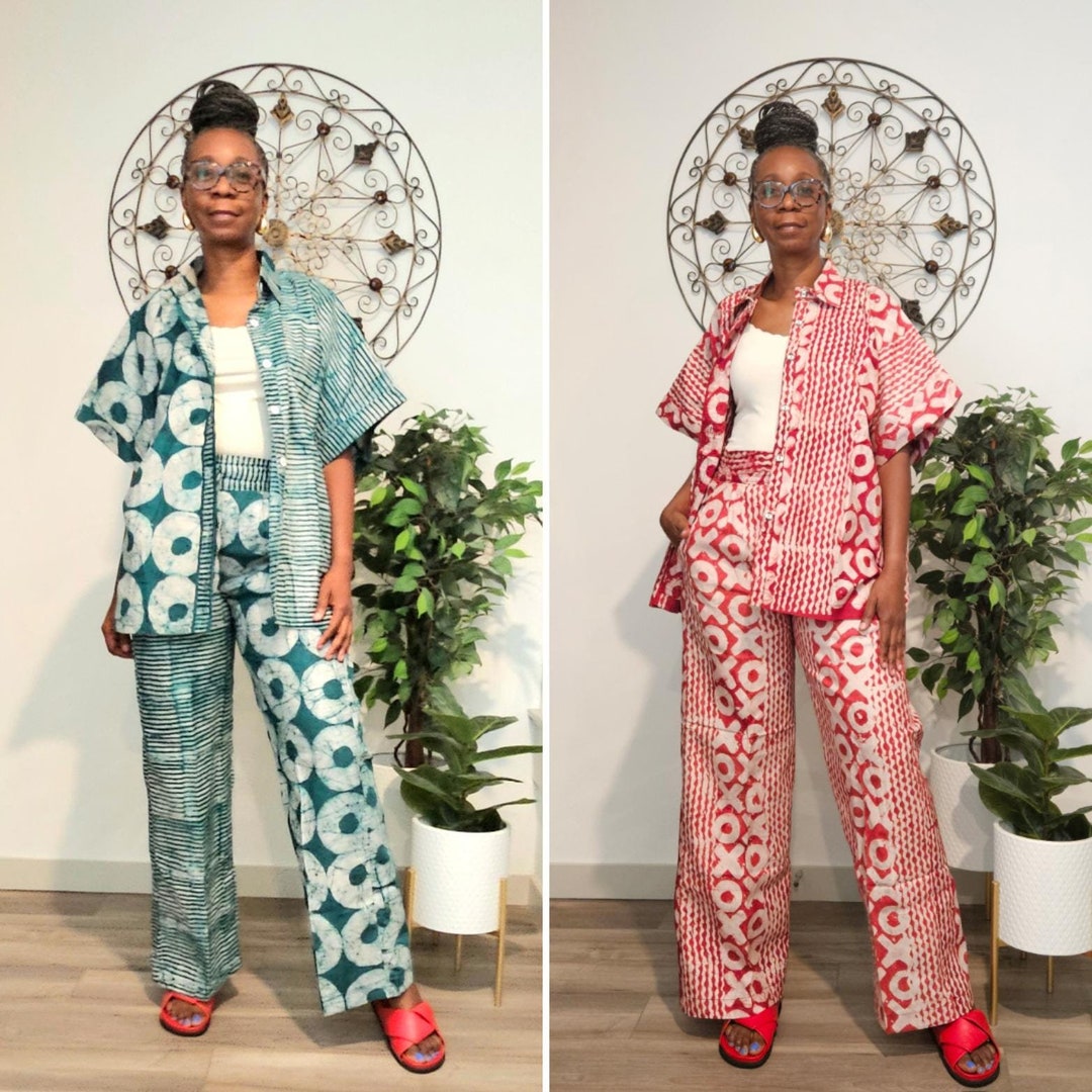 Adire Batik Pant Set, Red Coord Set, Green Shirt and Bottom, Nigerian ...