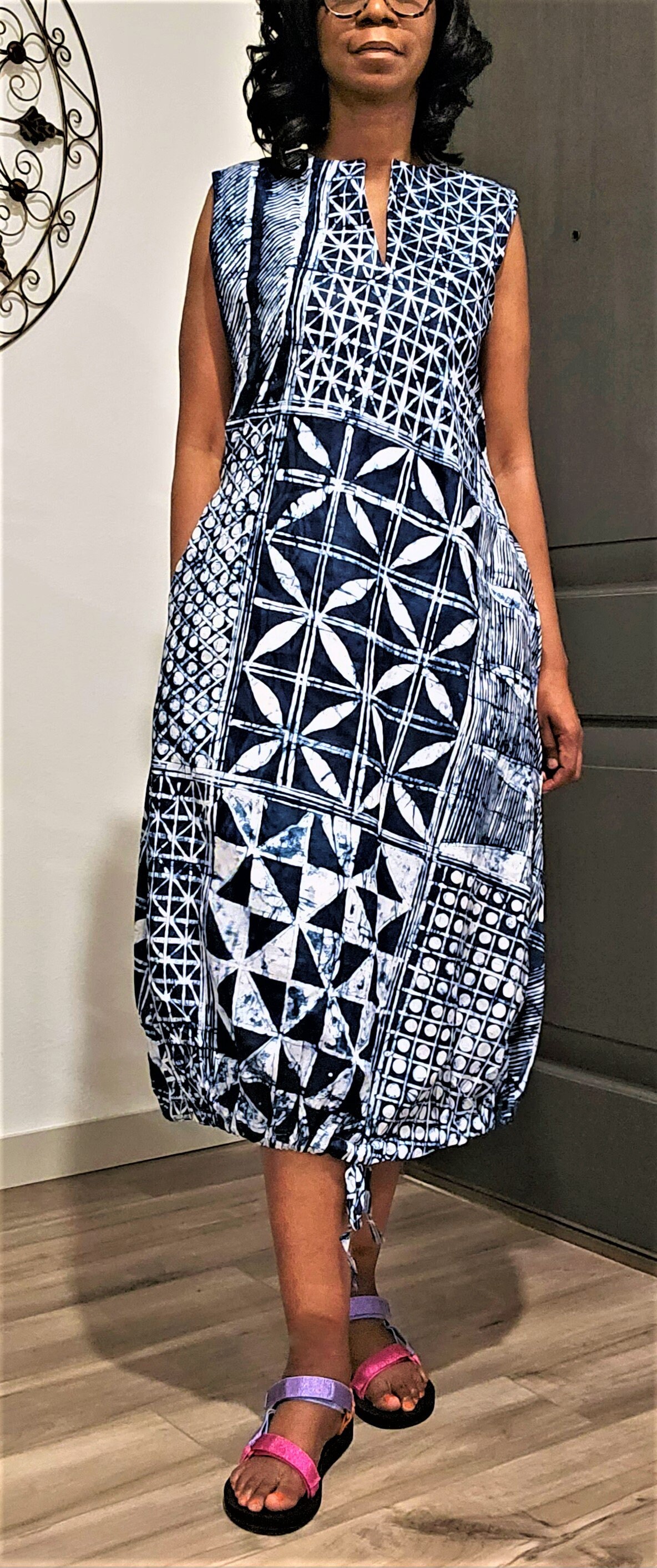 Blue and White Adire Eleko Dress. Boho Draw-string Dress. Ankle Length ...