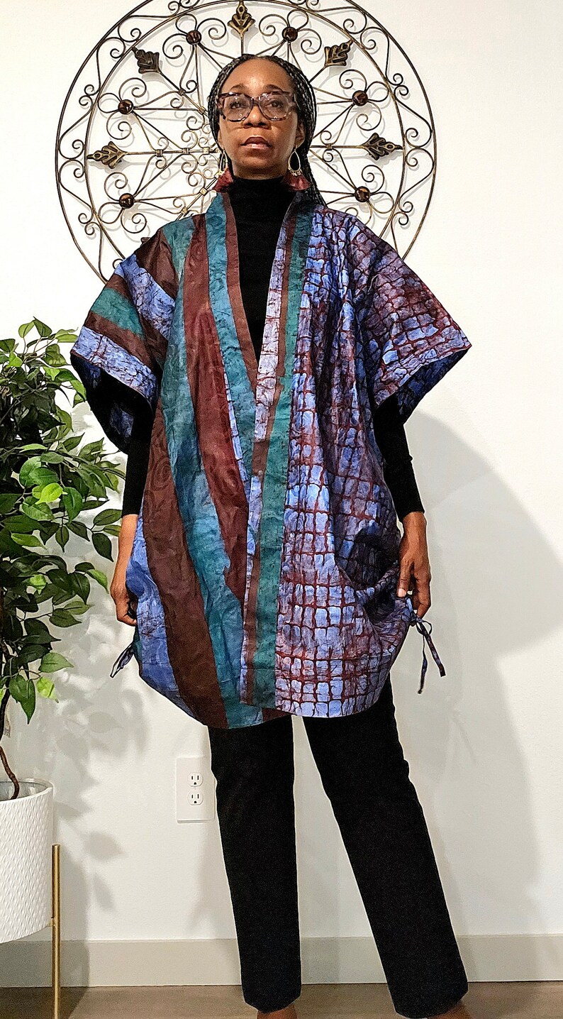 Women's Kimono Jacket. Brown and Blue Duster Coat. Multi-colored Adire ...