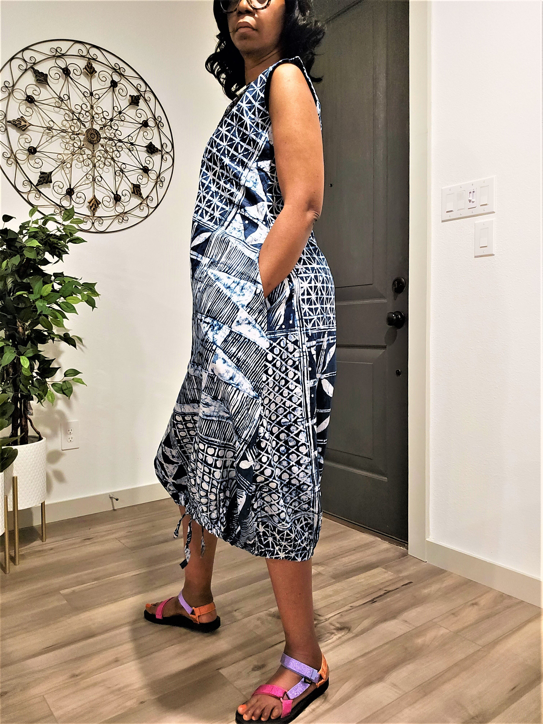 Blue and White Adire Eleko Dress. Boho Draw-string Dress. Ankle Length ...