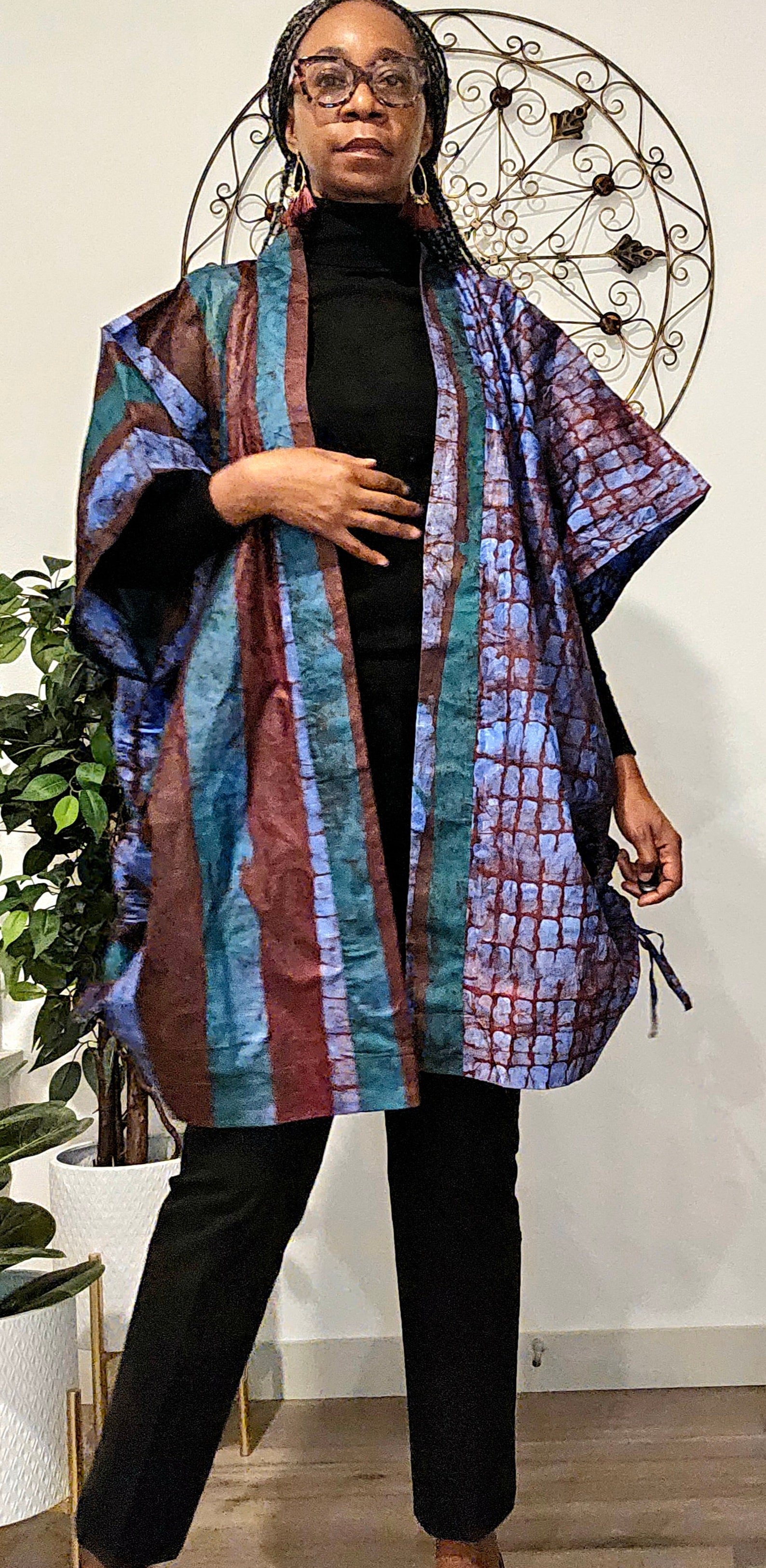 Women's Kimono Jacket. Brown and Blue Duster Coat. Multi-colored Adire ...