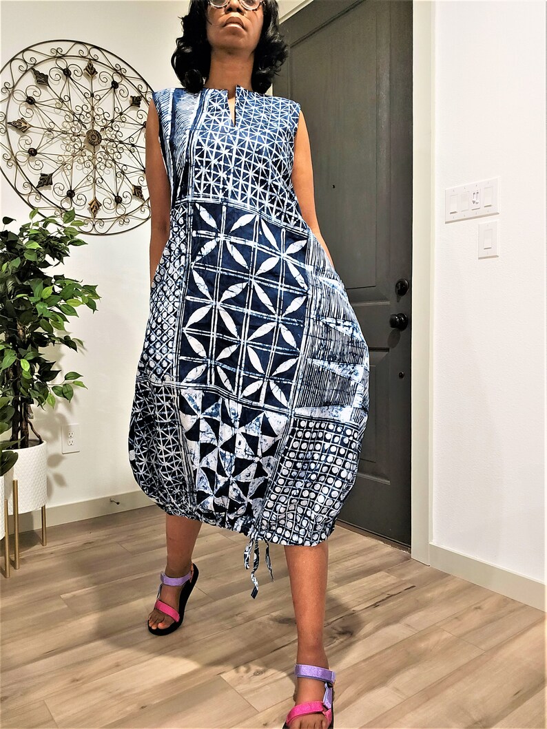 Blue and White Adire Eleko Dress. Boho Draw-string Dress. Ankle Length ...