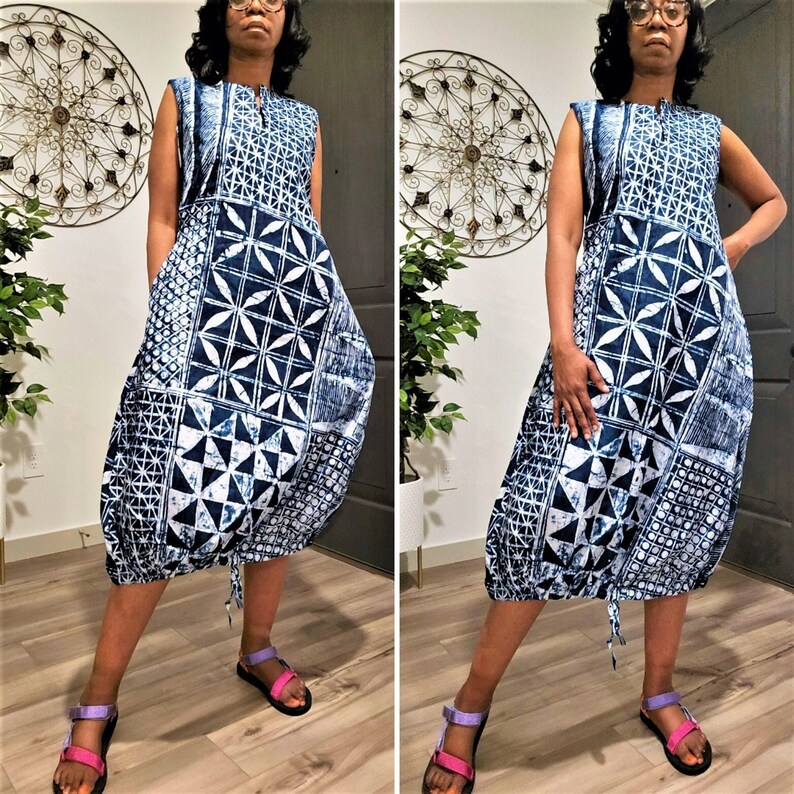 Blue and White Adire Eleko Dress. Boho Draw-string Dress. Ankle Length ...