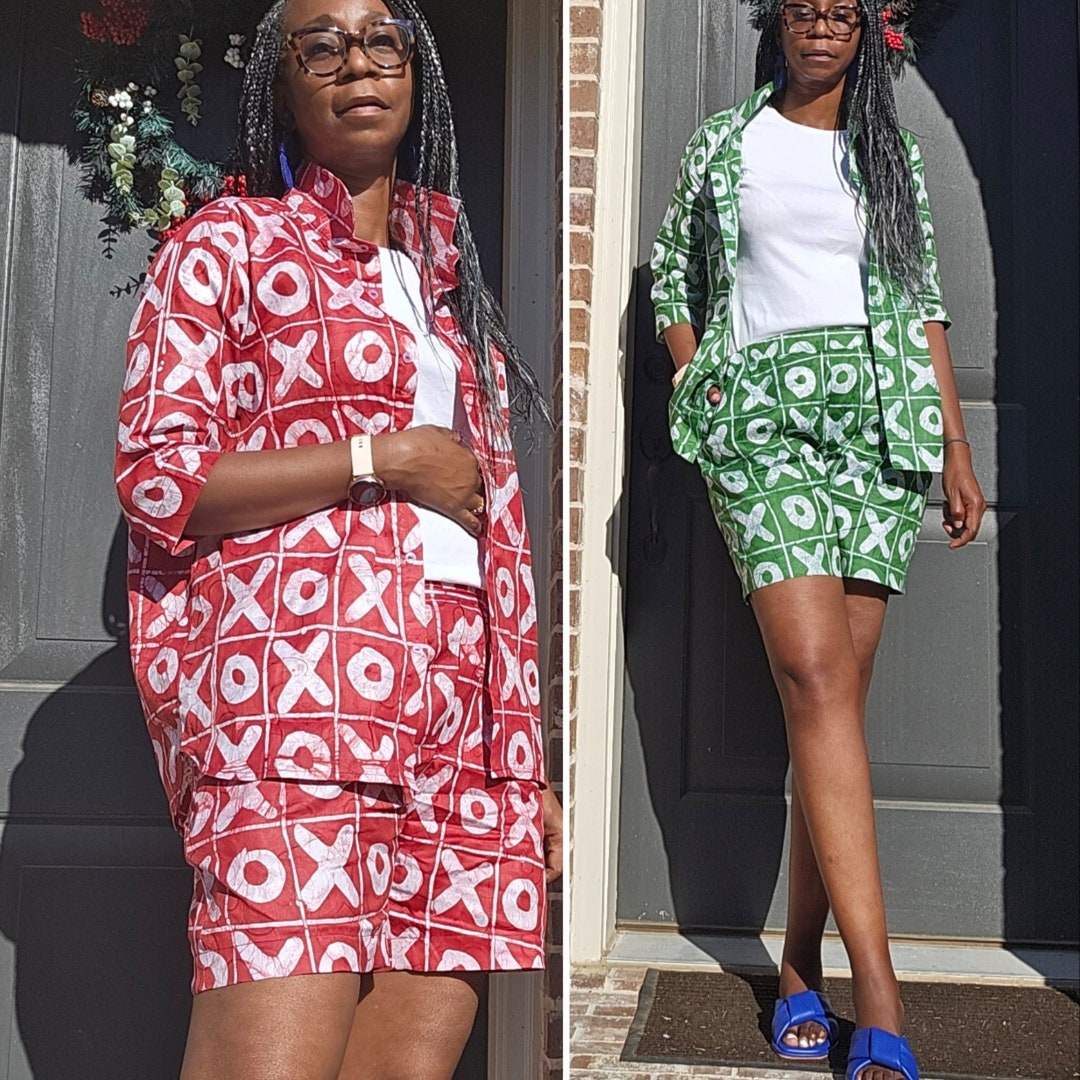 Cotton Short Co-ord Set. Adire Shorts and Shirt. Batik Top and Shorts. Green Set. Red Summer Co ...