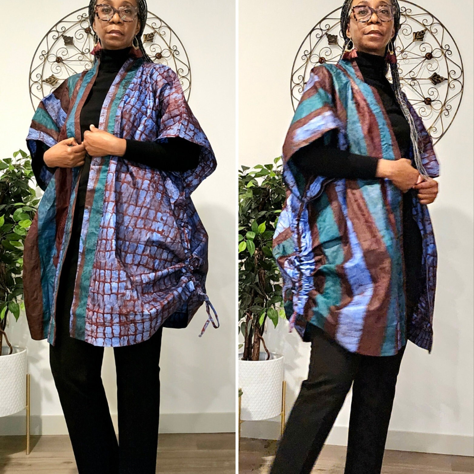 Women's Kimono Jacket. Brown and Blue Duster Coat. Multi-colored Adire ...