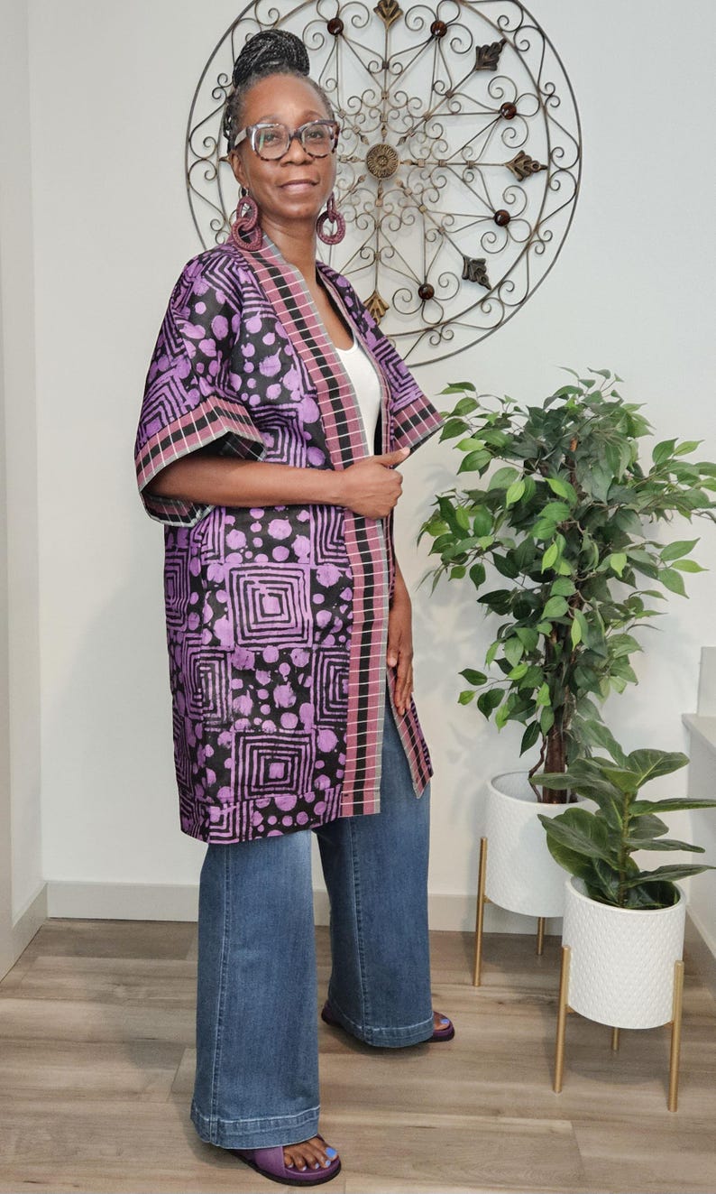 African Adire Duster Coat, Red Batik Tie Dye Kimono, Purple Knee Length ...
