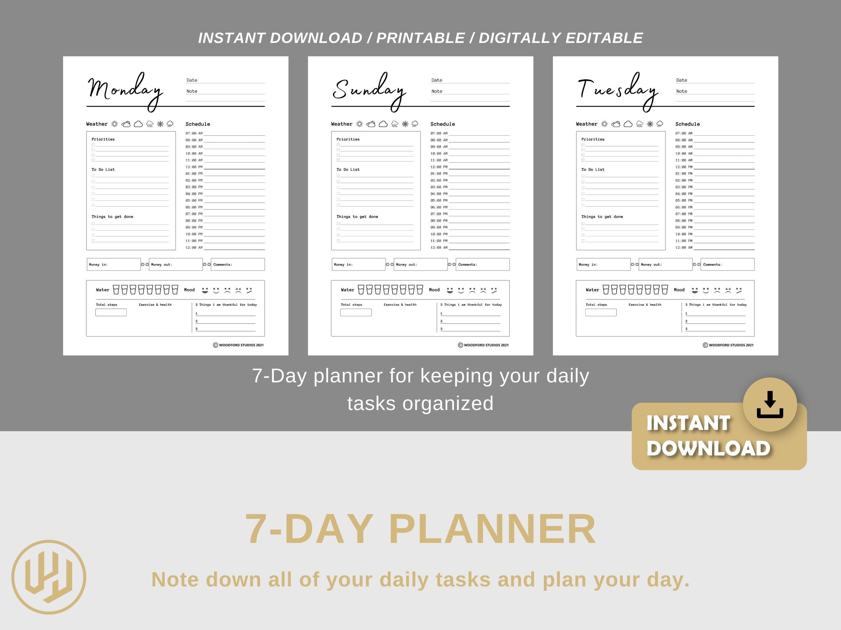 7 Day Daily Printable Planner Bundle| Digital Planner | Instant ...