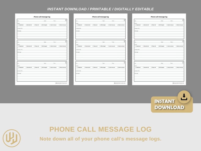 Phone Call Message Log Business Digital Planner Instant Download ...