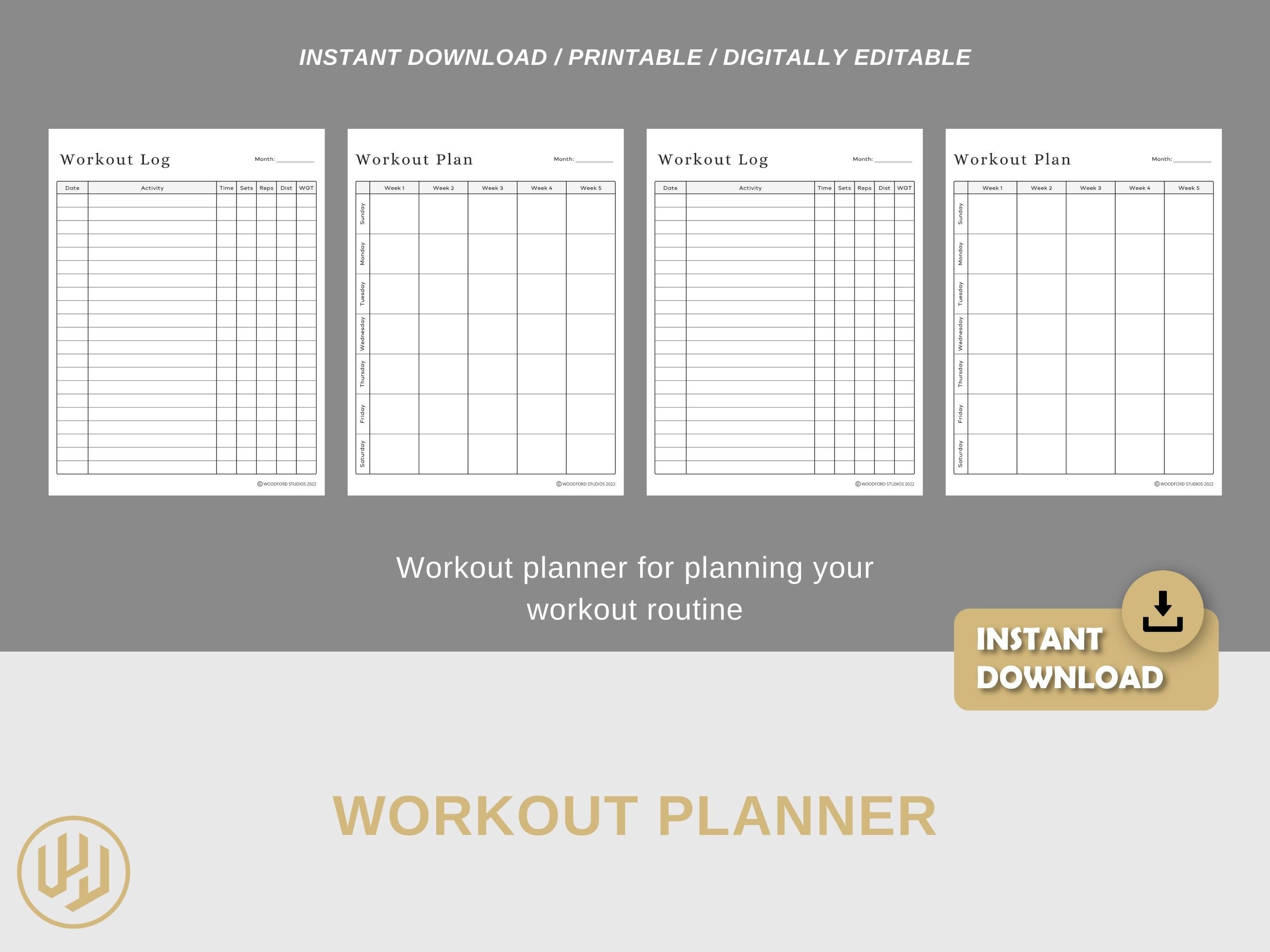 Workout Log Plan Printable| Digital Planner | Instant Download Planner ...