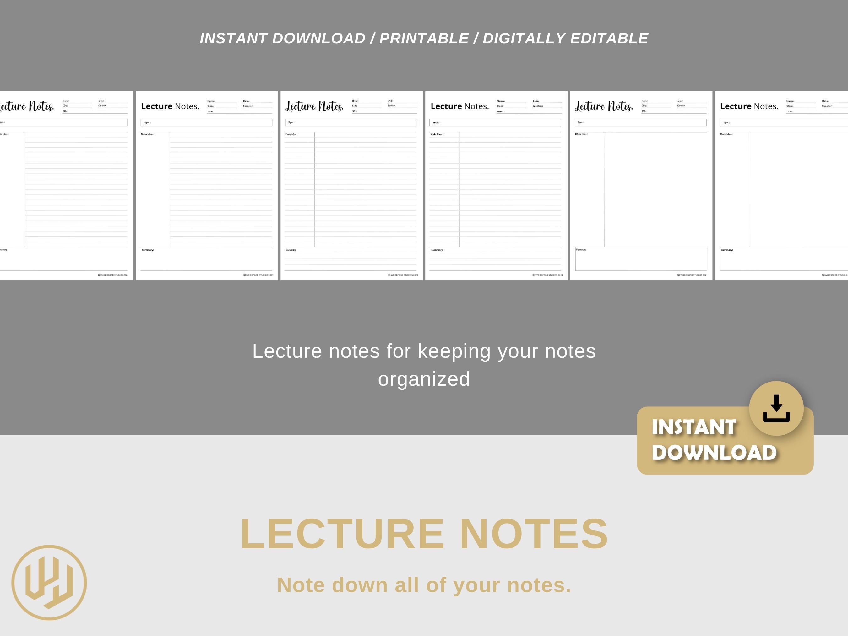 Lecture Notes Printable Paper Bundle | Digital Planner | Instant ...