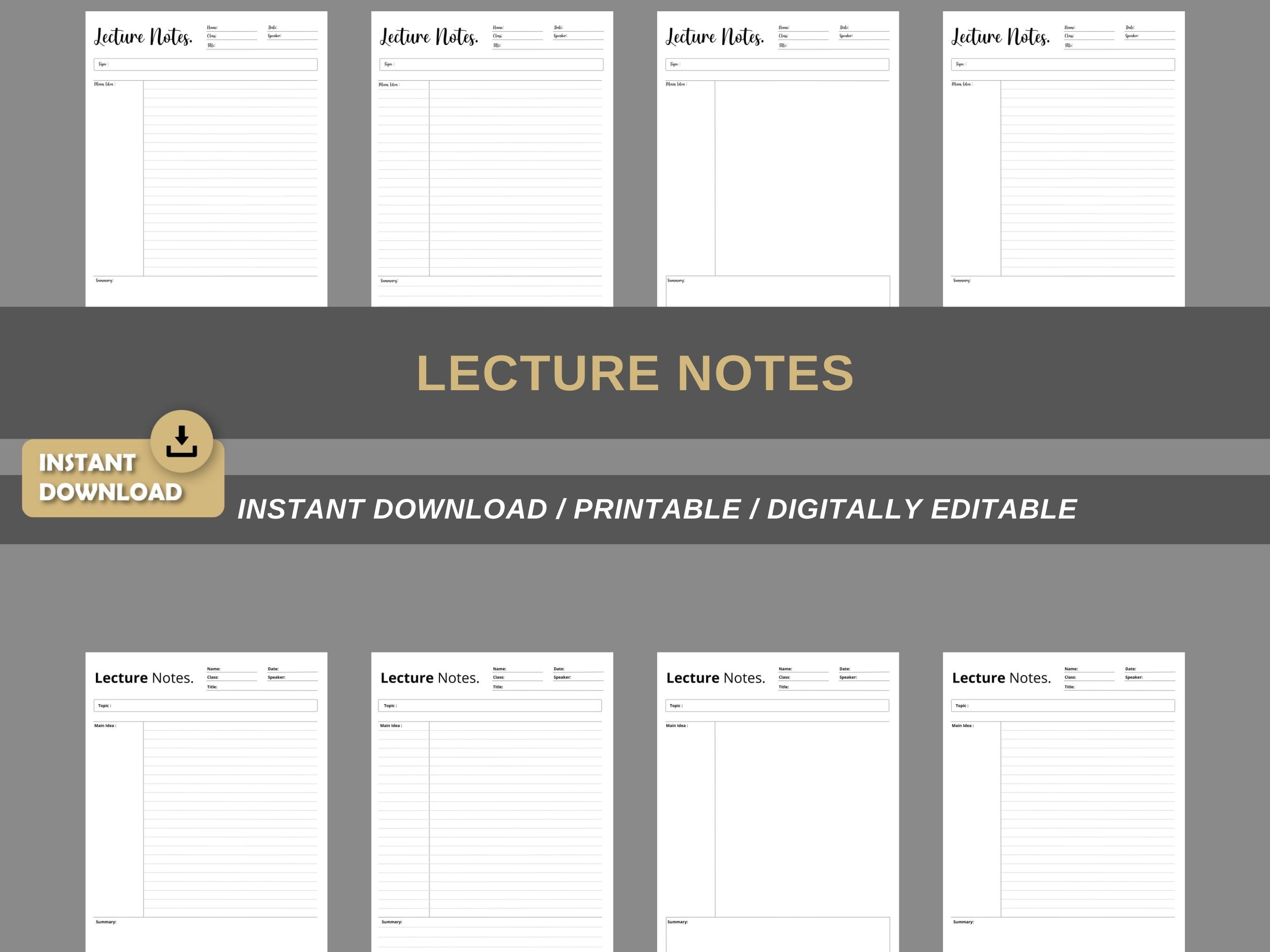 Lecture Notes Printable Paper Bundle | Digital Planner | Instant ...