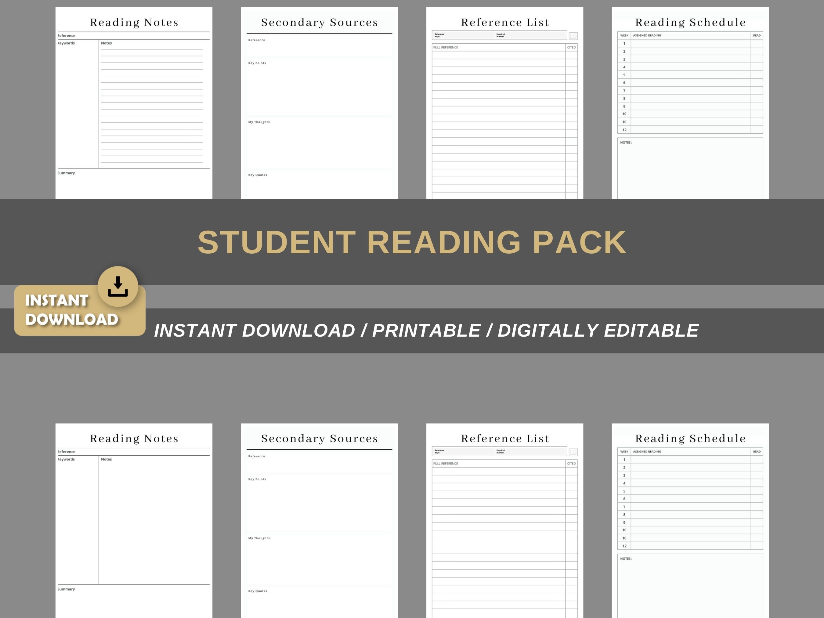 Student Reading Bundle Printable Digital Planner Instant Download ...