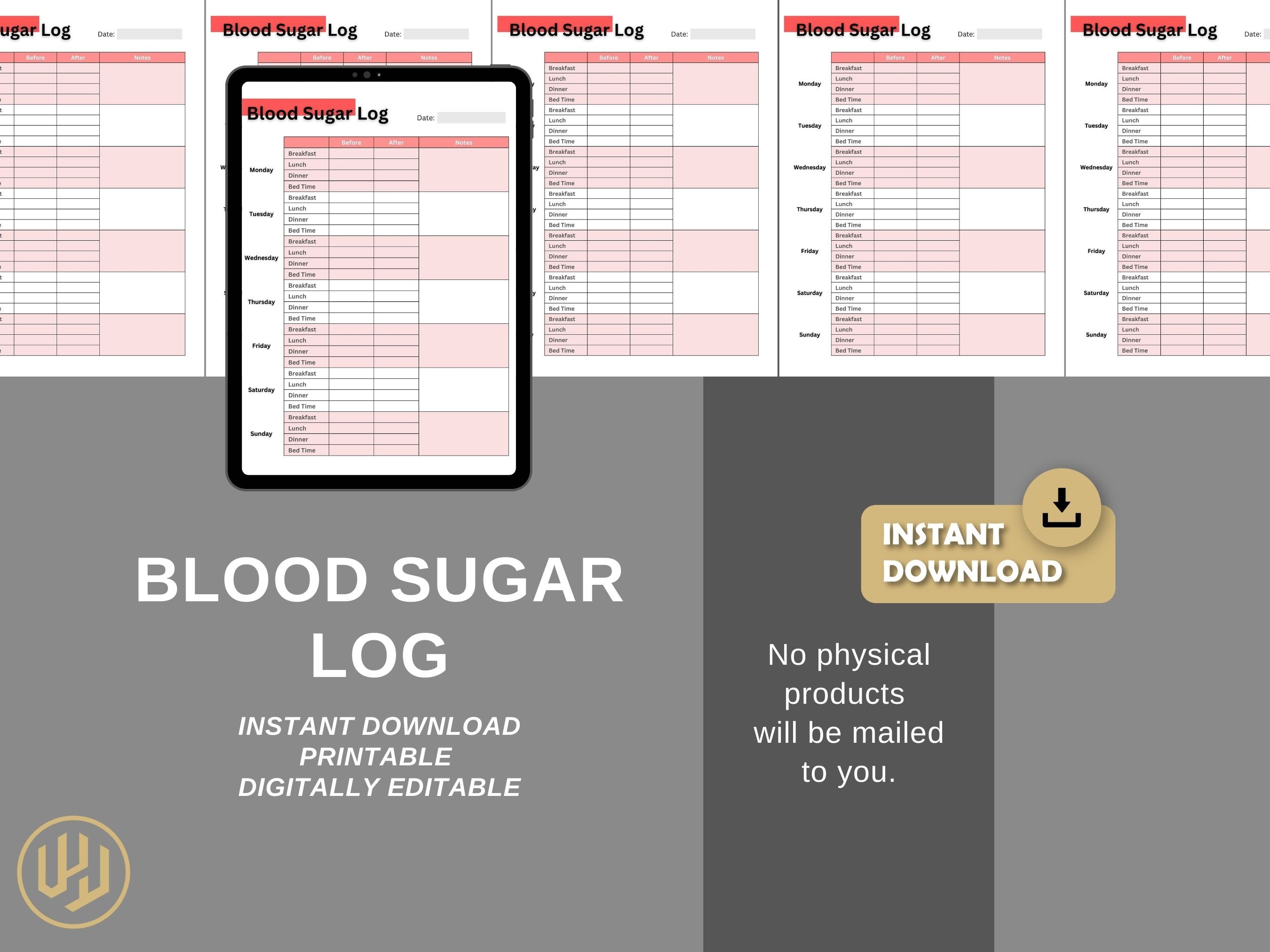 Blood Sugar Log Printable Tracker Editable Printable Glucose Tracker ...