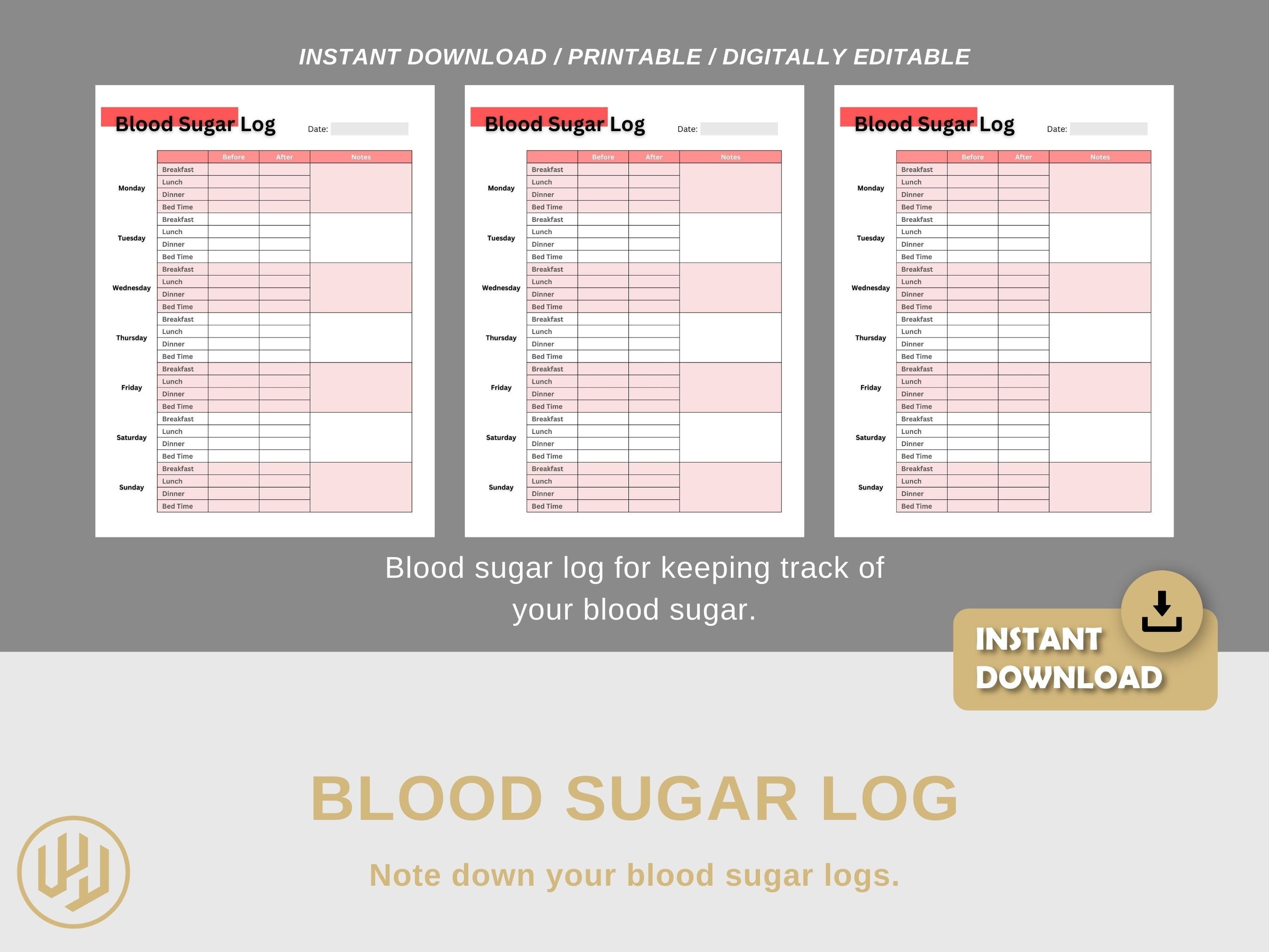 Blood Sugar Log Printable Tracker Editable Printable Glucose Tracker ...