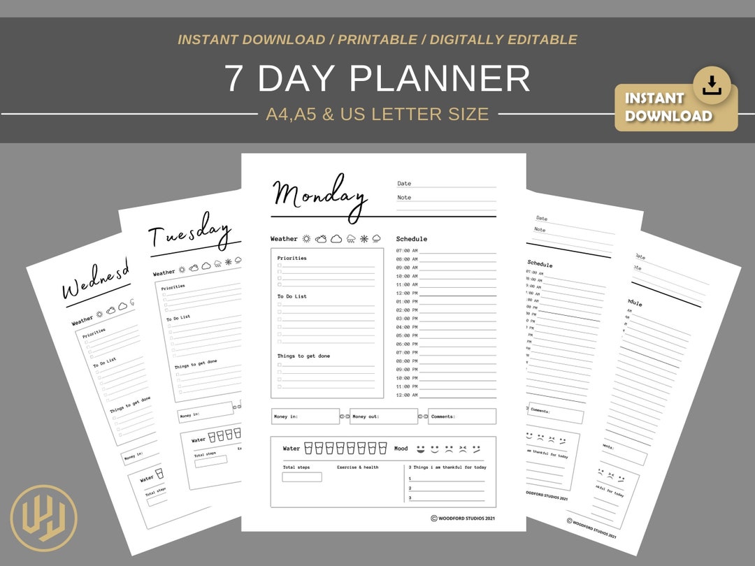 7 Day Daily Printable Planner Bundle Digital Planner Instant Download ...