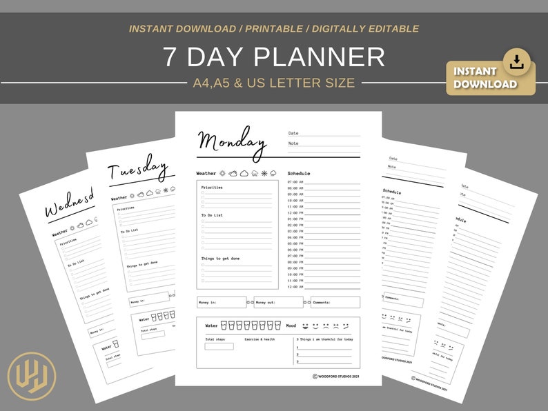 7 Day Daily Printable Planner Bundle| Digital Planner | Instant ...