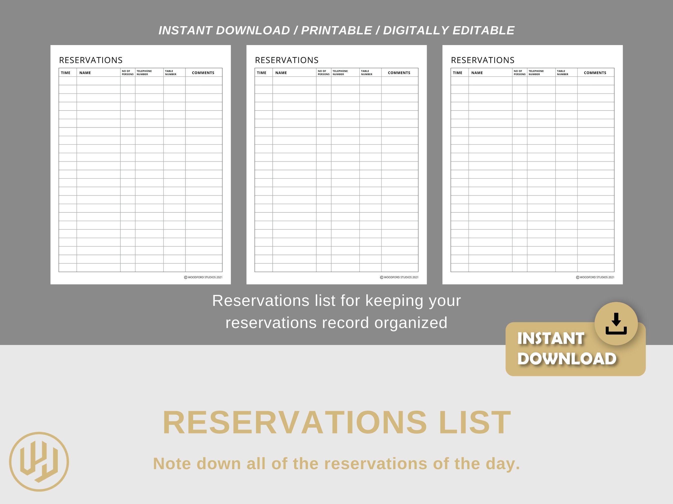 Printable Restaurant Reservations | Digital Planner | Instant Download ...