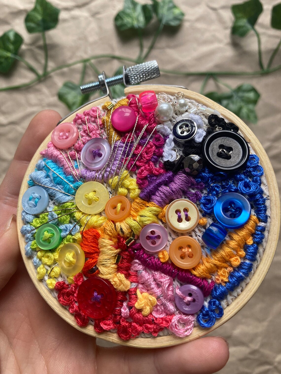 Artsy Button and Rainbow Collage Fiber & Bead Embroidery L 3 in Hoop - Etsy