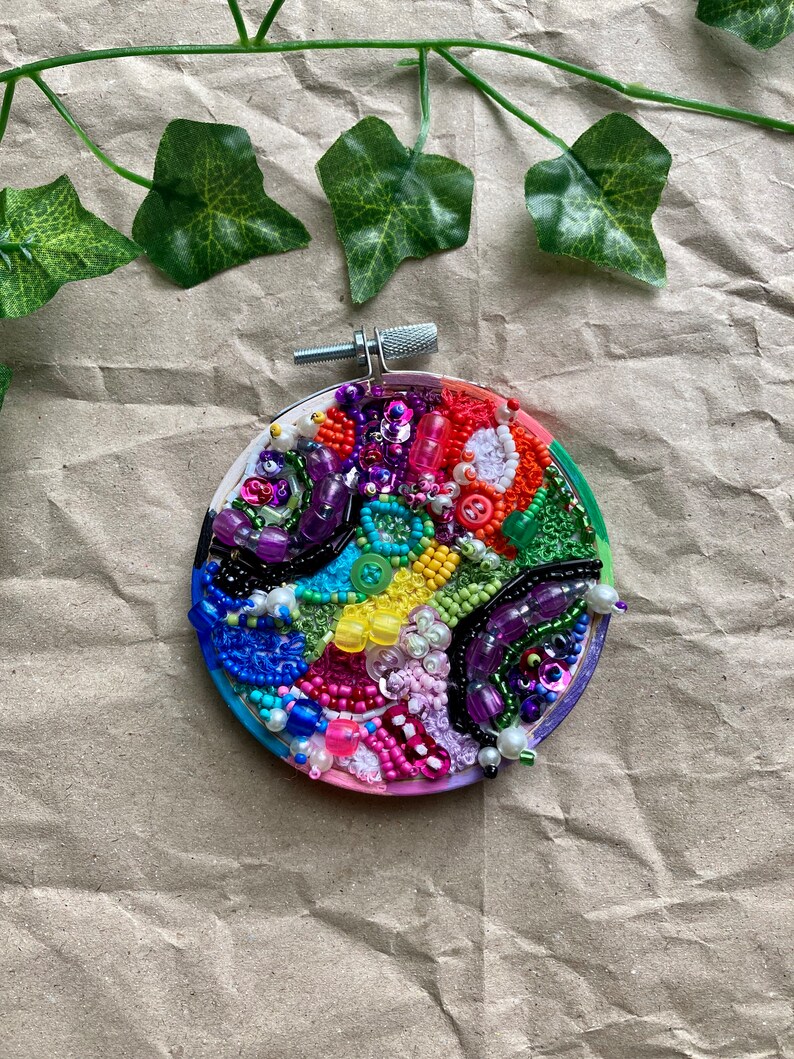Beautiful Shiny Rainbow Collage Art Pearl & Bead Embroidery L 3 in Hoop ...