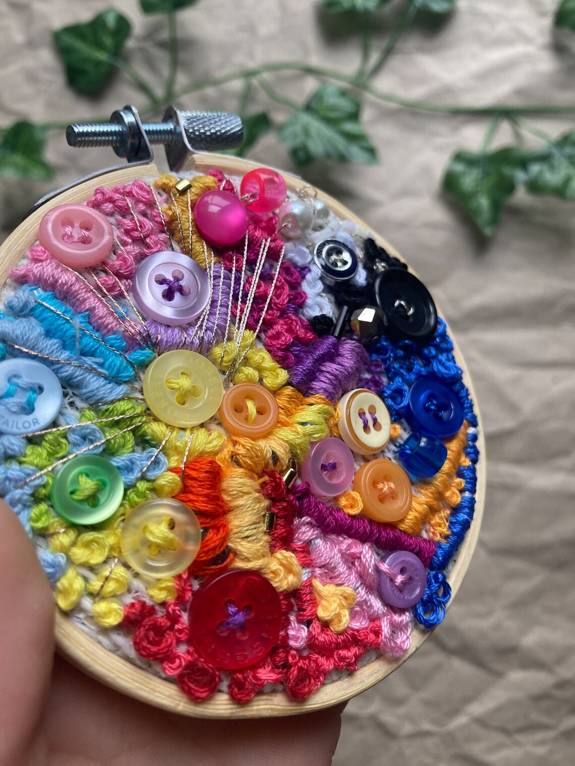 Artsy Button and Rainbow Collage Fiber & Bead Embroidery L 3 in Hoop - Etsy