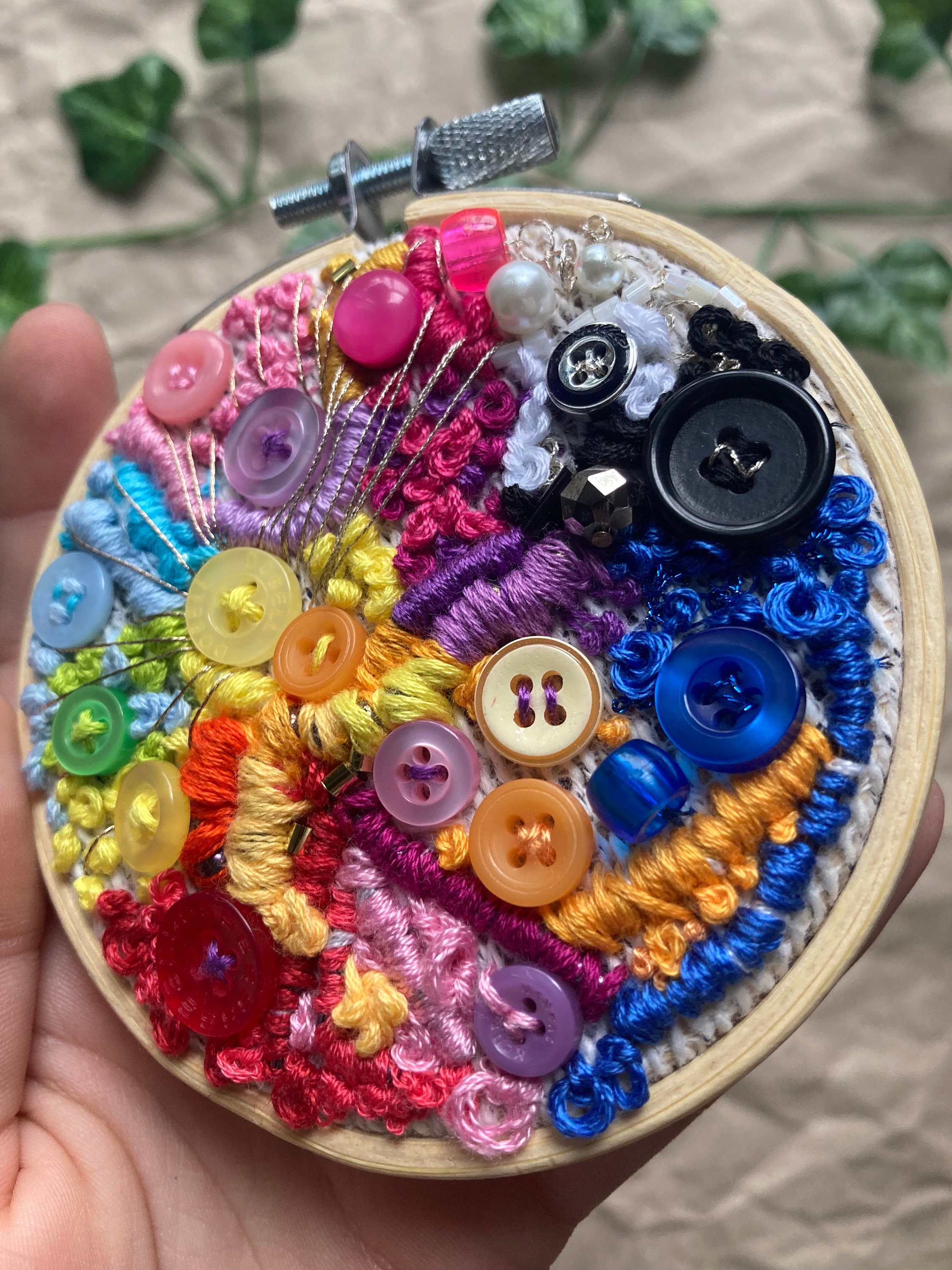 Artsy Button and Rainbow Collage Fiber & Bead Embroidery L 3 in Hoop - Etsy
