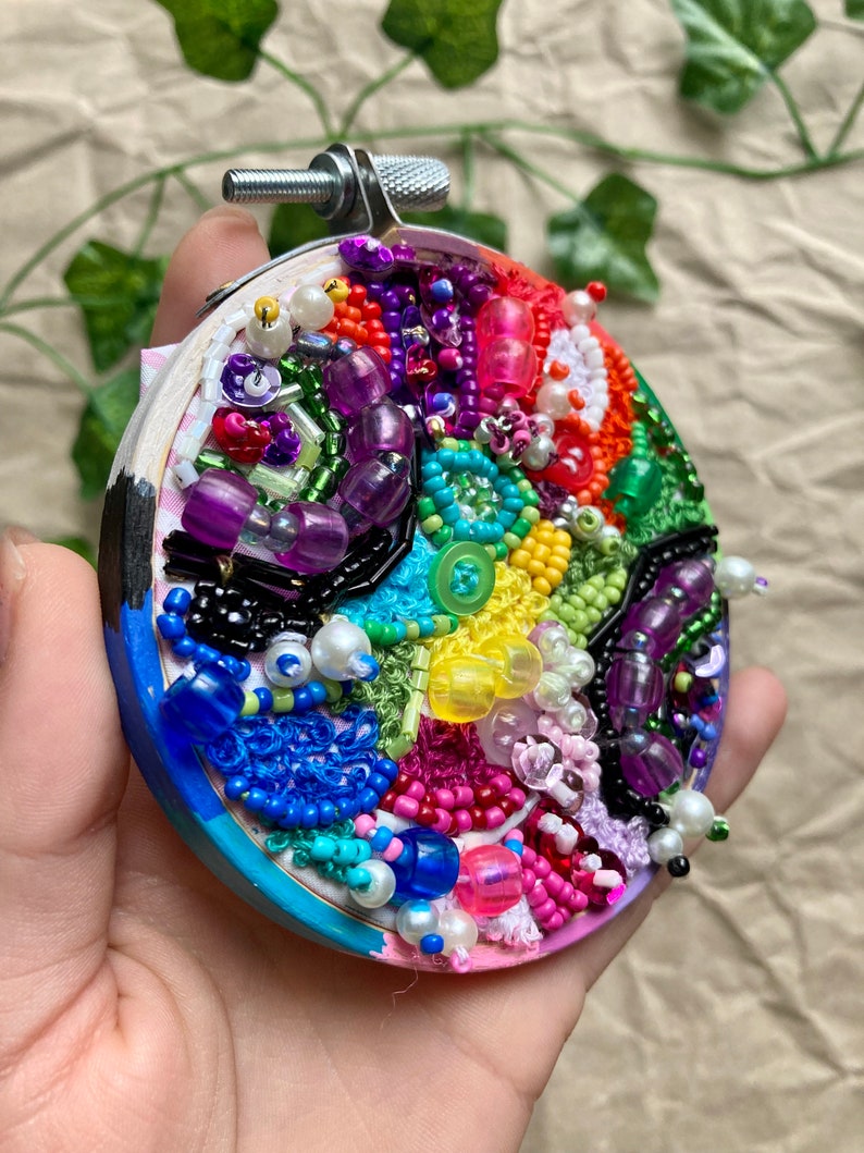 Beautiful Shiny Rainbow Collage Art Pearl & Bead Embroidery L 3 in Hoop ...