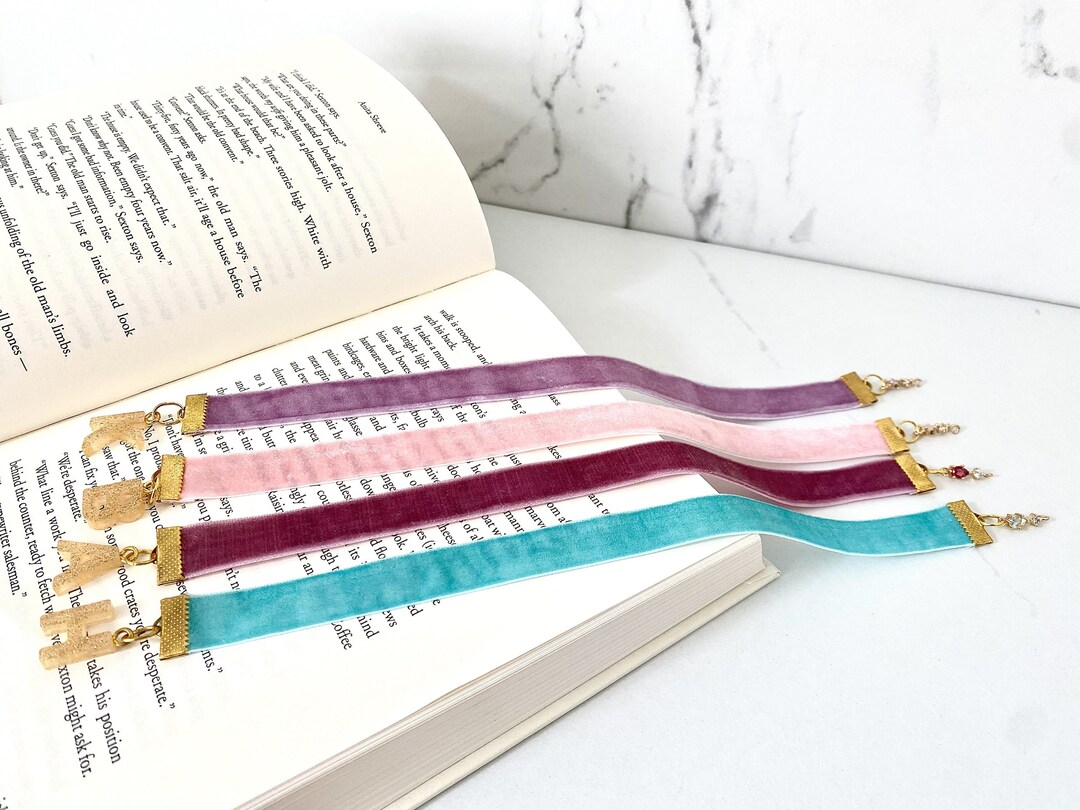 Personalized Initial Velvet Ribbon Bookmark W/ Resin Charm & Gold ...