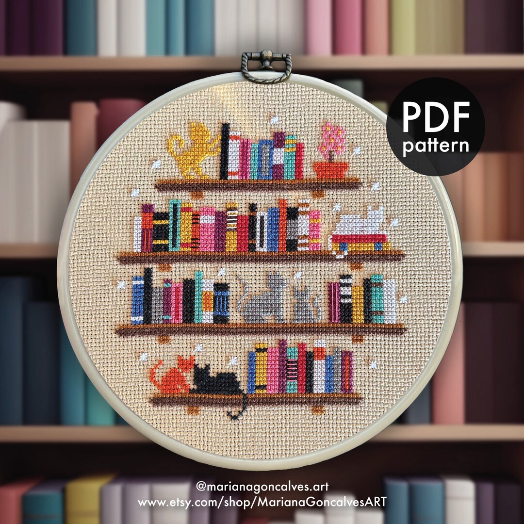 Cats in Bookshelf, Cross Stitch, PDF Pattern, Cat, Funny, Reader, Book ...