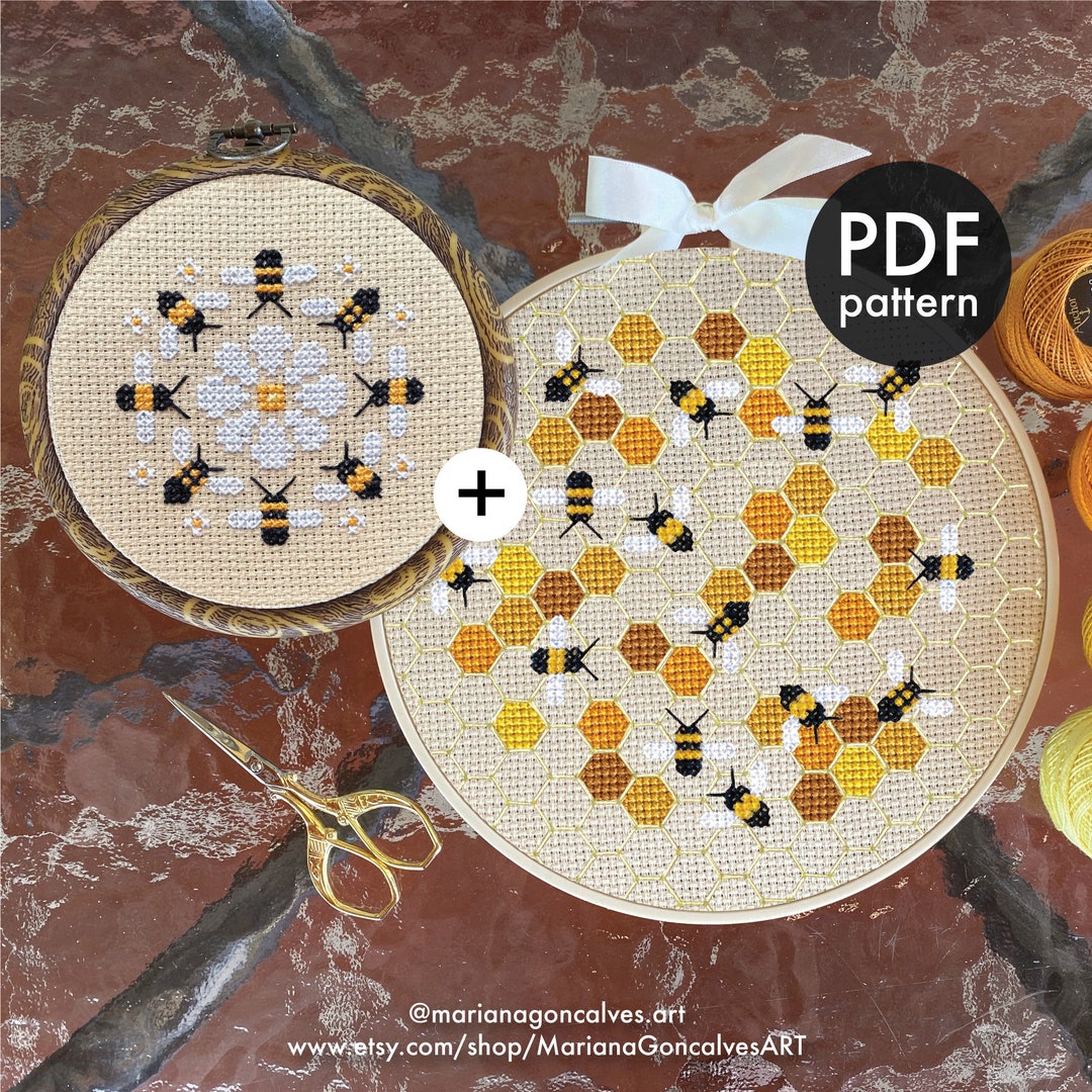 Set of 2 Cross Stitch PDF Patterns, Bee, Mini Mandala, Honeycomb, White Daisy, Honey Bees ...