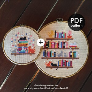 Set of 2 Cross Stitch, PDF Pattern, Cat, Funny, Reader, Book Lover ...