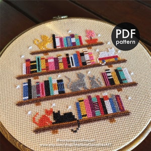 Cats in Bookshelf, Cross Stitch, PDF Pattern, Cat, Funny, Reader, Book ...