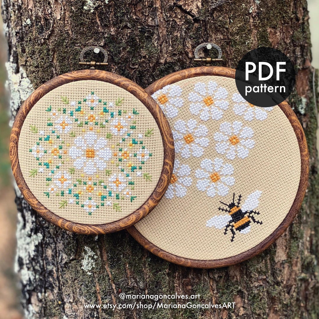 Set of 2 Cross Stitch PDF Patterns, Bee, Daisies, Daisy, Mini Mandala ...